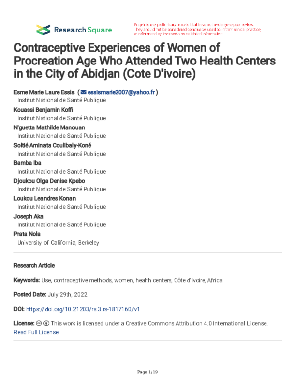 (PDF) Contraceptive Experiences of Women of Procreation Age Who ...