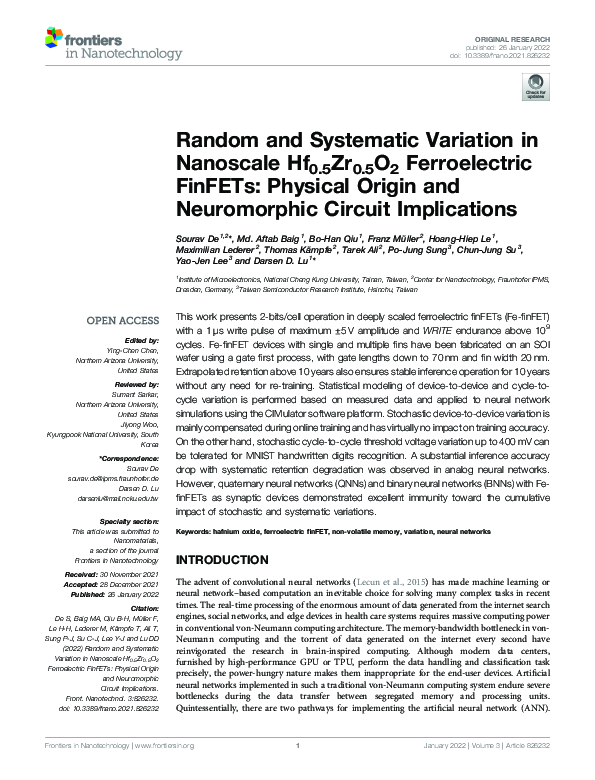 (PDF) Variation in Hf0.5Zr0.5O2 Ferroelectric FinFETs for Neuromorphic Use