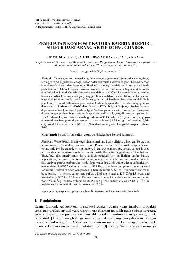 (PDF) Pembuatan Komposit Katoda Karbon Berpori-Sulfur dari Eceng Gondok