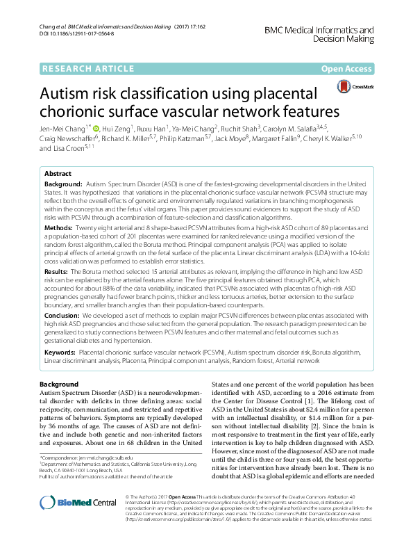 (PDF) Autism risk classification using placental chorionic surface ...