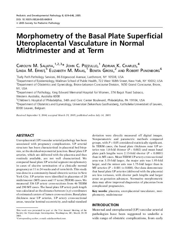 (PDF) Morphometry of the Basal Plate Superficial Uteroplacental Vasculature in Normal ...