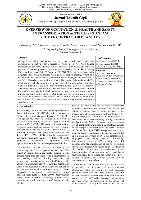 (PDF) Overview of Occupational Health and Safety in Transportation Activities PT Antam (PT Meg ...