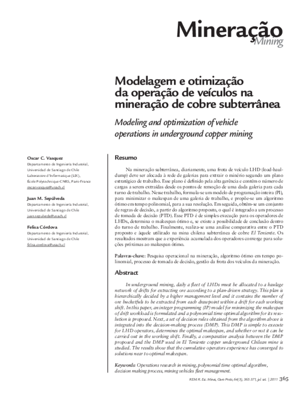 (PDF) Modeling and optimization of vehicle operations in underground copper mining | Juan Diego ...