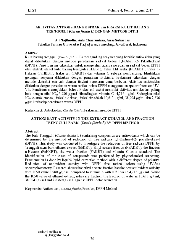 (PDF) AKTIVITAS ANTIOKSIDAN EKSTRAK dan FRAKSI KULIT BATANG TRENGGULI ...