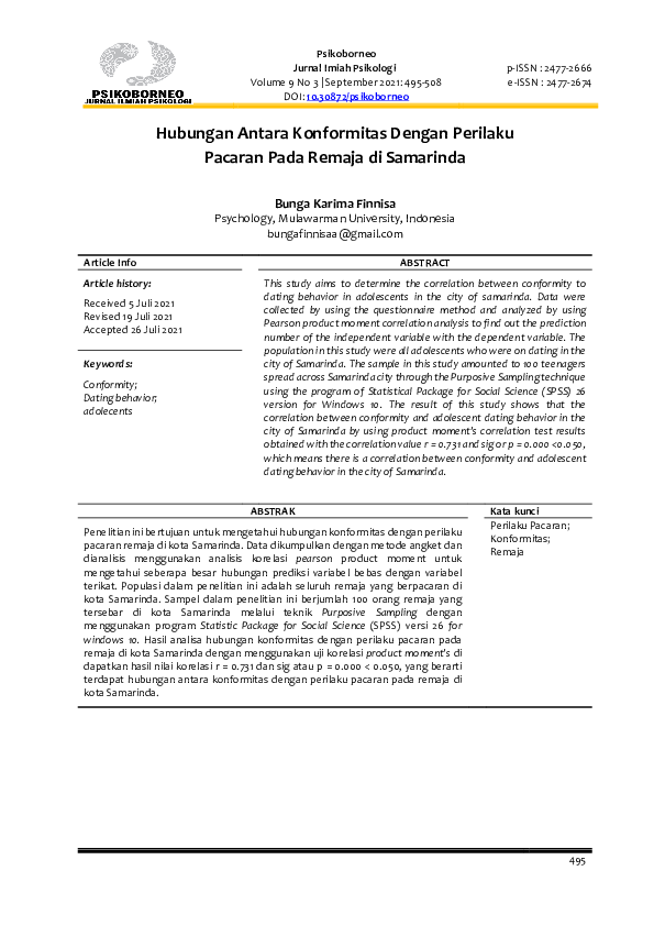 (PDF) Hubungan Antara Konformitas Dengan Perilaku Pacaran Pada Remaja di Samarinda