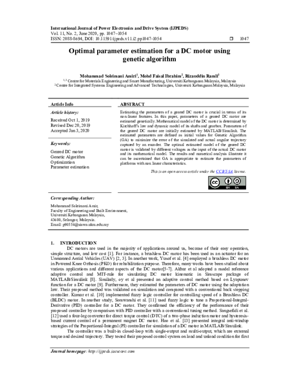 (PDF) Optimal parameter estimation for a DC motor using genetic algorithm