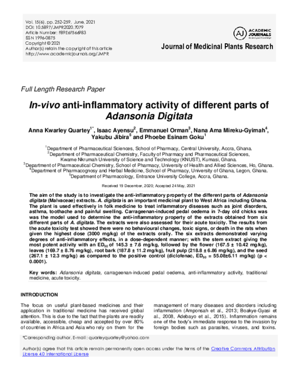 (PDF) In-vivo anti-inflammatory activity of different parts of Adansonia Digitata | Isaac Ayensu ...