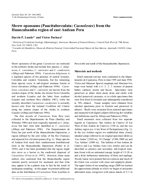 (PDF) Shrew opossums (Paucituberculata: Caenolestes) from the ...