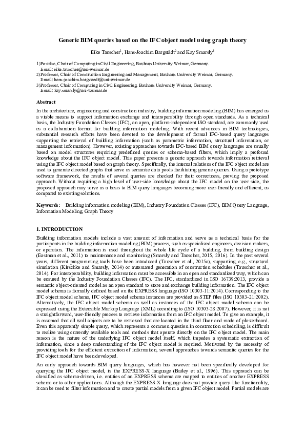 Pdf Generic Bim Queries Based On The Ifc Object Model Using Graph Theory