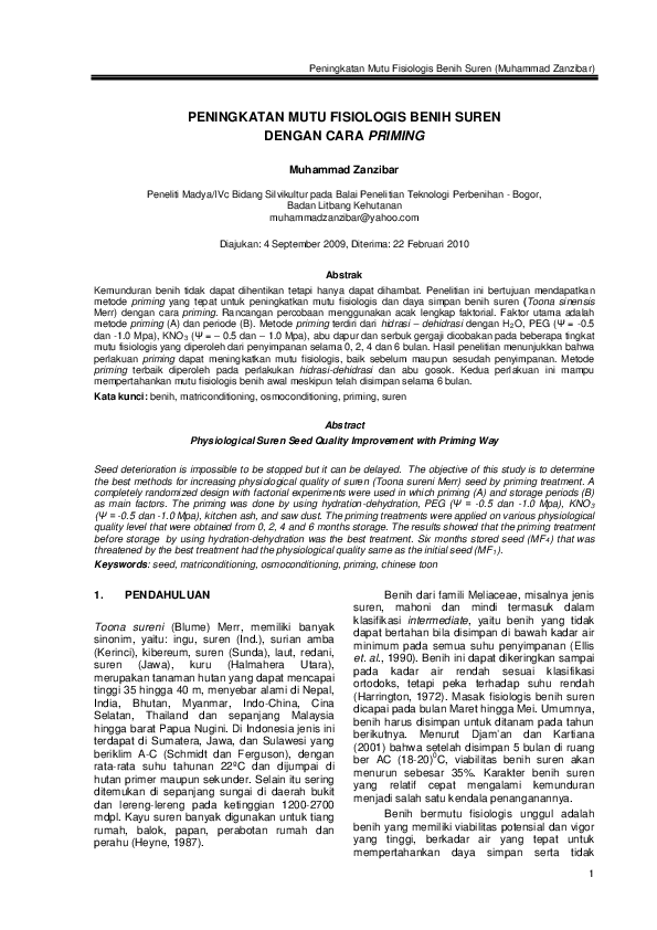 (PDF) Peningkatan Mutu Fisiologis Benih Suren Dengan Cara Priming