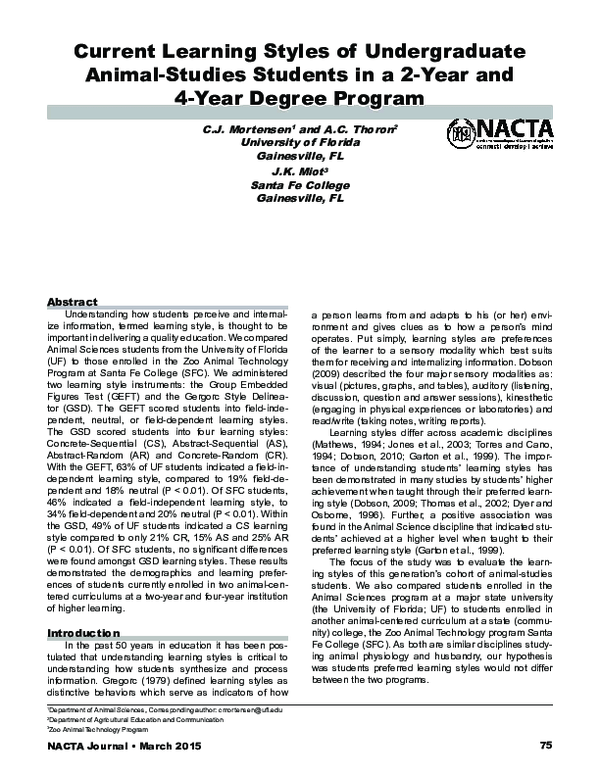 (PDF) Current Learning Styles of Undergraduate Animal-Studies Students ...