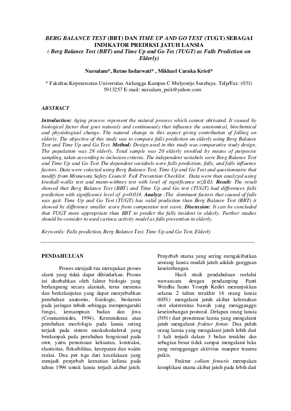 (PDF) Berg Balance Test (Bbt) and Time Up and Go Tes (Tugt) as Falls ...
