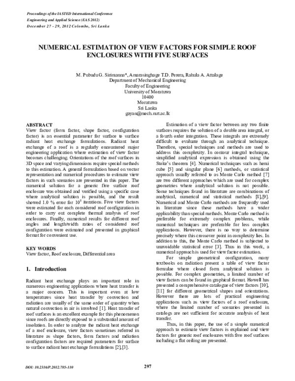 (PDF) Numerical Estimation of View Factors for Simple Roof Enclosures with Five Surfaces