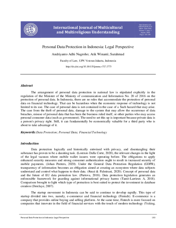 (PDF) Personal Data Protection in Indonesia: Legal Perspective