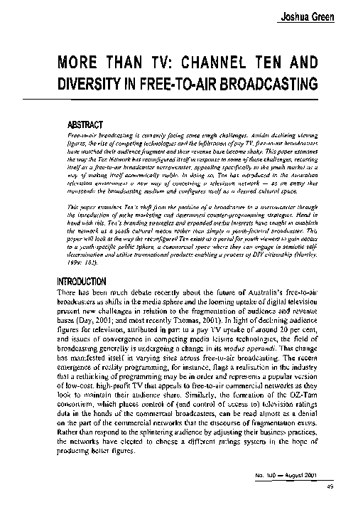 (PDF) More Than TV: Channel Ten and Diversity in Free-to-Air Broadcasting