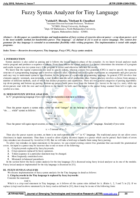 (PDF) Fuzzy Syntax Analyzer for Tiny Language