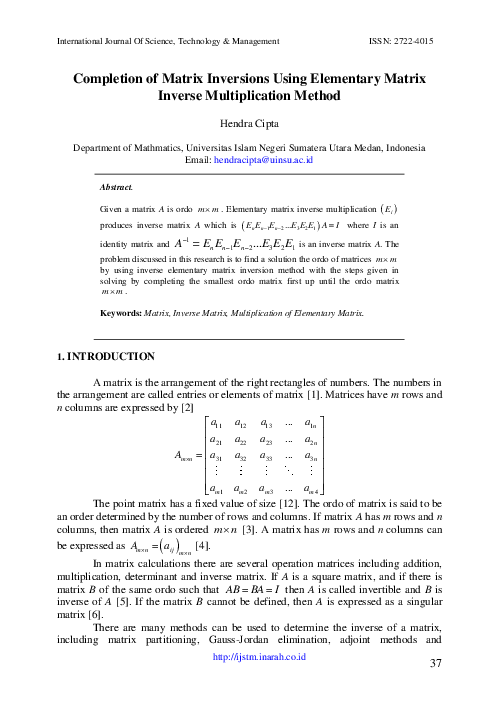 (PDF) Completion of Matrix Inversions Using Elementary Matrix Inverse Multiplication Method