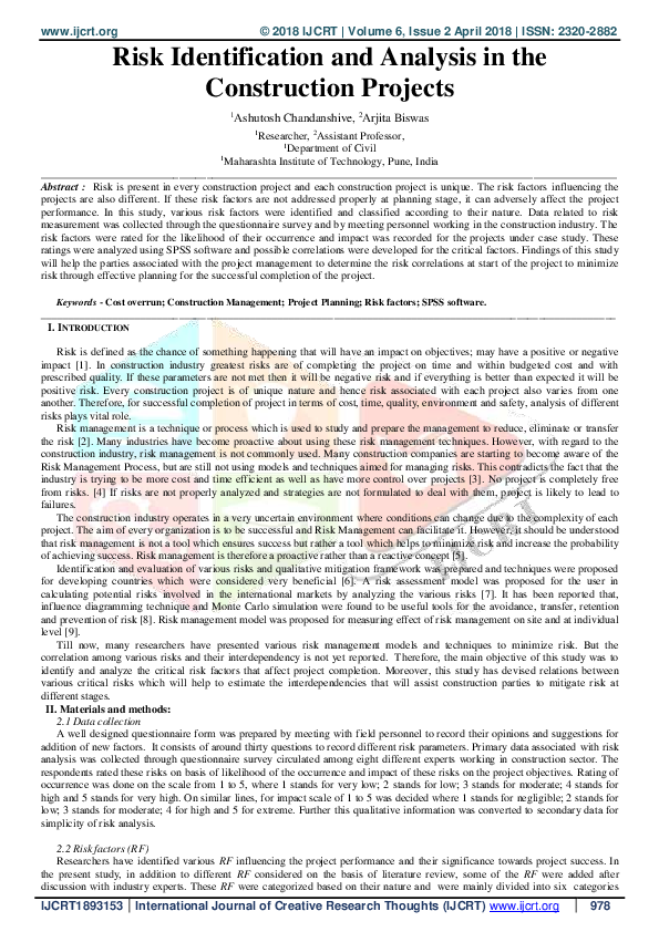 (PDF) Risk Identification and Analysis in the Construction Projects