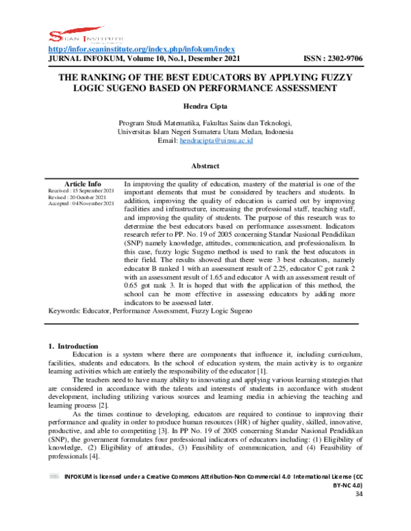 (PDF) The Ranking Of The Best Educators By Applying Fuzzy Logic Sugeno Based On Performance ...