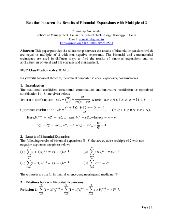 (PDF) Relation between the Results of Binomial Expansions with Multiple of 2 | Chinnaraji ...