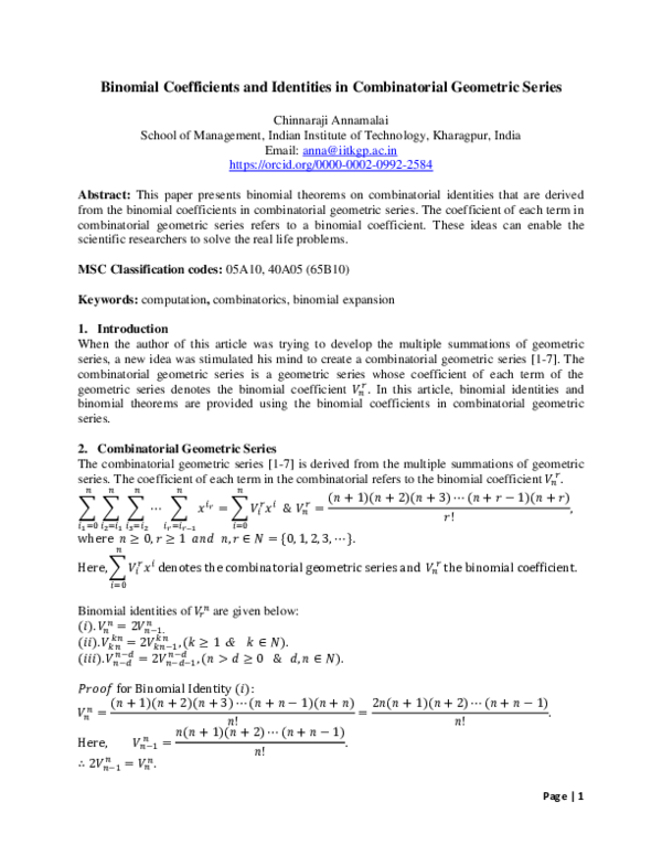 Pdf Binomial Coefficients And Identities In Combinatorial Geometric Series Chinnaraji