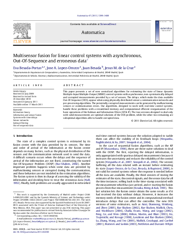 (PDF) Multisensor fusion for linear control systems with asynchronous, Out-Of-Sequence and ...
