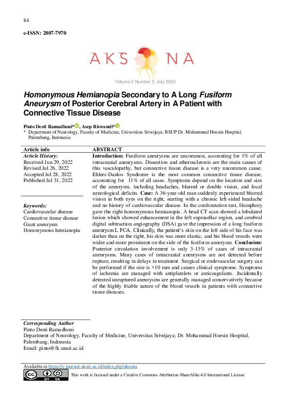 (PDF) Homonymous Hemianopia Secondary to A Long Fusiform Aneurysm of ...