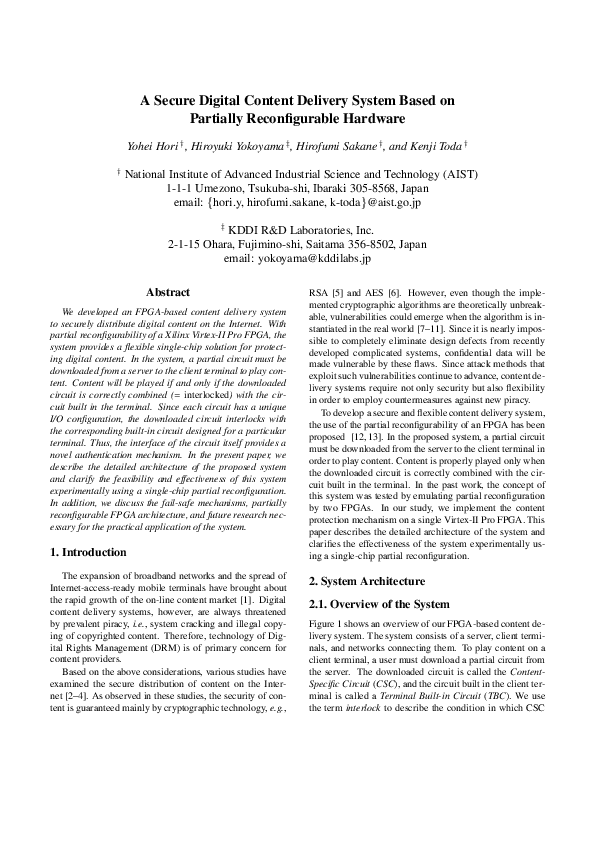 Pdf A Secure Digital Content Delivery System Based On Partially Reconfigurable Hardware