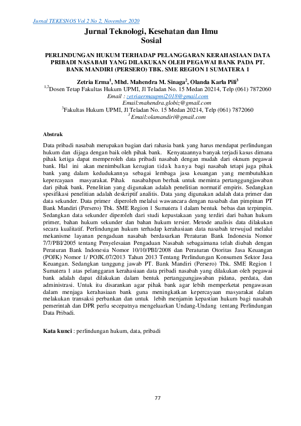 (PDF) Perlindungan Hukum Terhadap Pelanggaran Kerahasiaan Data Pribadi Nasabah Yang Dilakukan ...