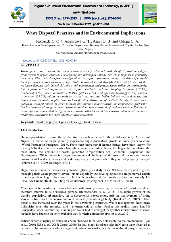 (PDF) Waste Disposal Practices and its Environmental Implications