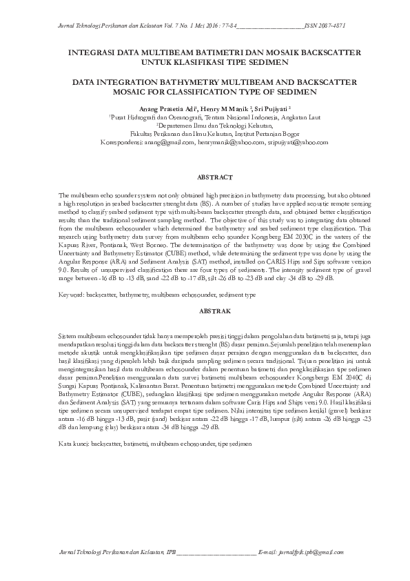 (PDF) Integrasi Data Multibeam Batimetri Dan Mosaik Backscatter Untuk Klasifikasi Tipe Sedimen