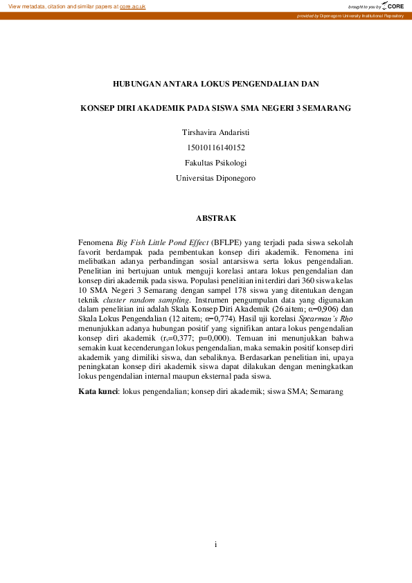 (PDF) Hubungan antara Lokus Pengendalian dan Konsep Diri Akademik pada Siswa SMA Negeri 3 Semarang