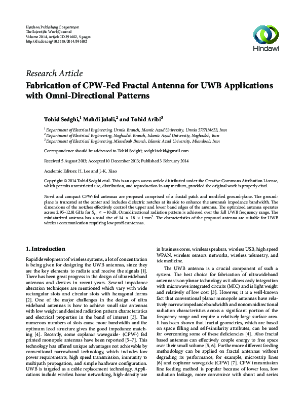 Pdf Fabrication Of Cpw Fed Fractal Antenna For Uwb Applications With Omni Directional Patterns