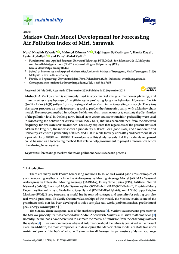(PDF) Markov Chain Model Development for Forecasting Air Pollution Index of Miri, Sarawak