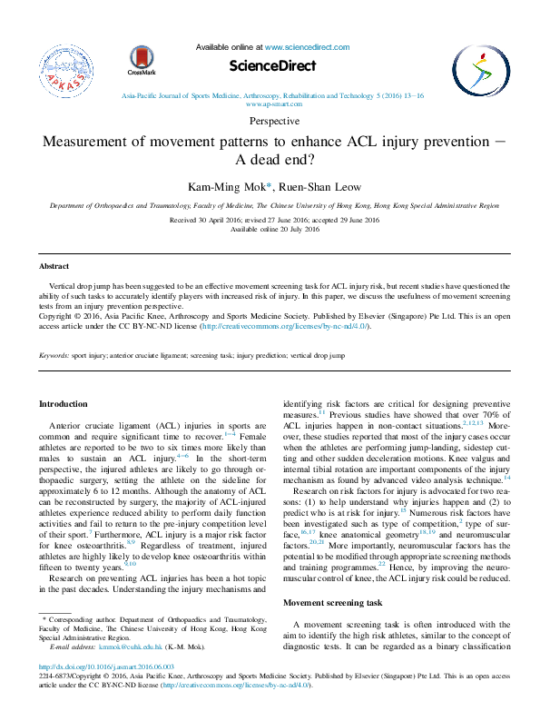 (PDF) Measurement of movement patterns to enhance ACL injury prevention ...