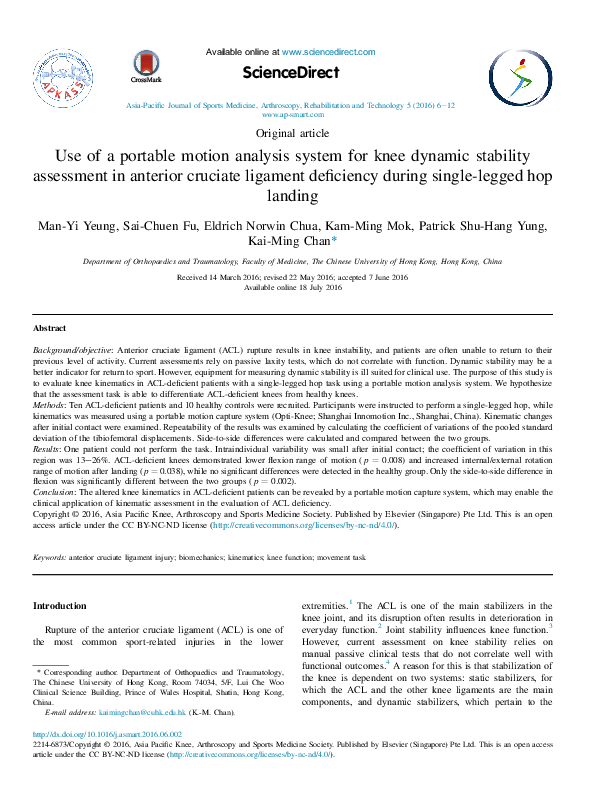 (PDF) Use of a portable motion analysis system for knee dynamic ...