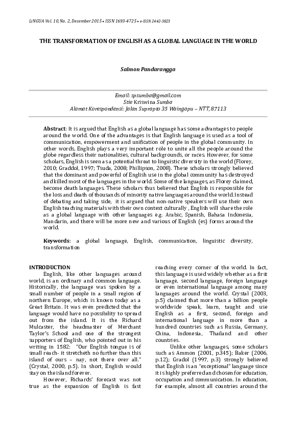 (PDF) The Transformation of English as a Global Language in the Future