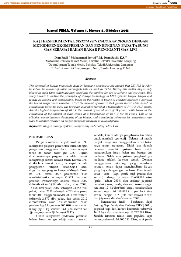 (PDF) Kaji Eksperimental Sistem Penyimpanan Biogas Dengan ...