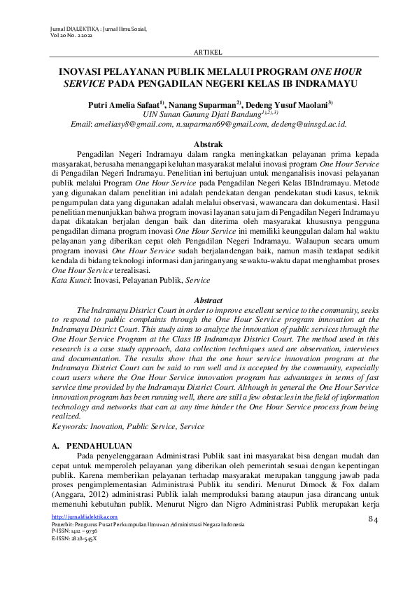 (PDF) Inovasi Pelayanan Publik Melalui Program One Hour Service Pada ...