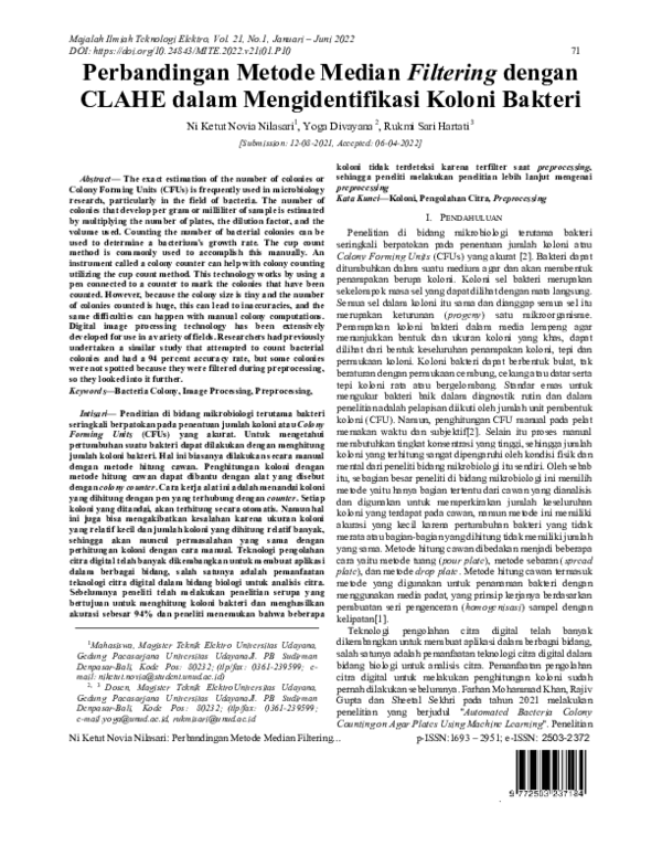 (PDF) Perbandingan Metode Median Filtering dengan CLAHE dalam Mengidentifikasi Koloni Bakteri