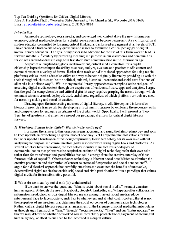 (PDF) Top Ten Guiding Questions for Critical Digital Literacy