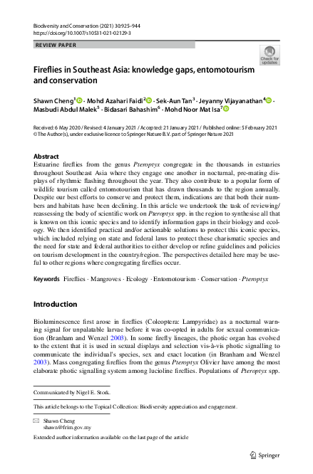 (PDF) Fireflies in Southeast Asia: knowledge gaps, entomotourism and conservation