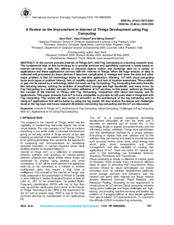 Pdf A Review On The Improvement In Internet Of Things Development Using Fog Computing Aarti