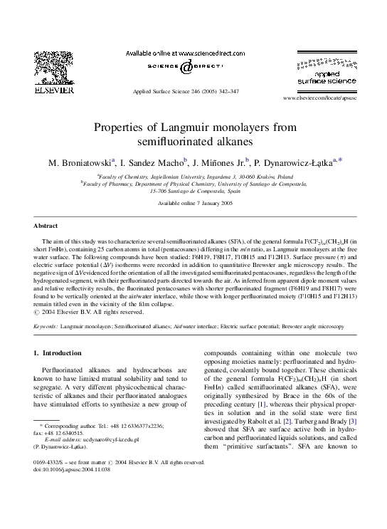 (PDF) Properties of Langmuir monolayers from semifluorinated alkanes