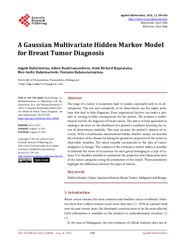 Pdf A Gaussian Multivariate Hidden Markov Model For Breast Tumor Diagnosis Rivo