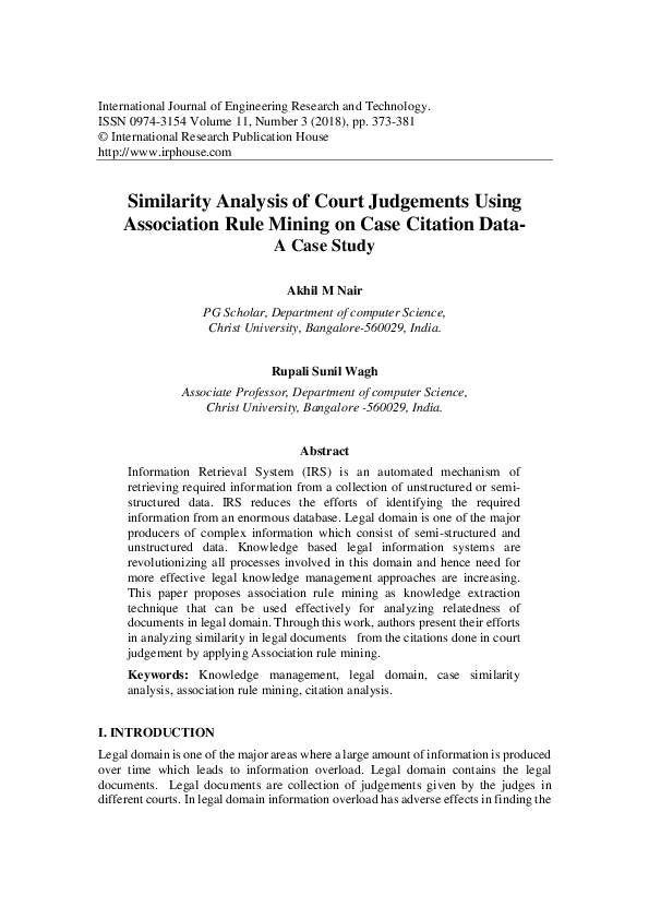 (PDF) Similarity Analysis of Court Judgements Using Association Rule Mining on Case Citation ...
