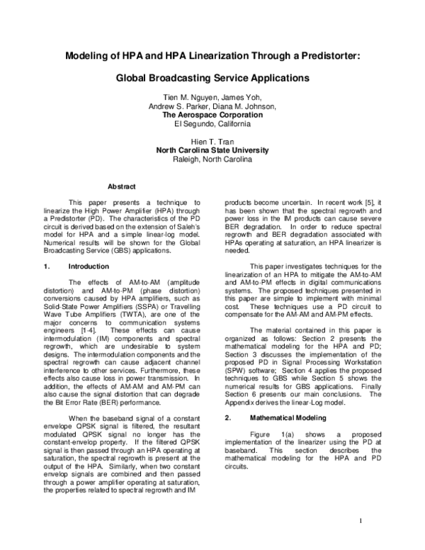 (PDF) Modeling of hpa and hpa linearization through a predistorter: global broadcasting service ...