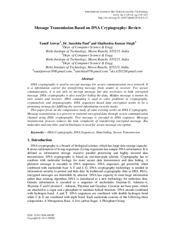 (PDF) Message Transmission Based on DNA Cryptography: Review | Sanchita Paul - Academia.edu