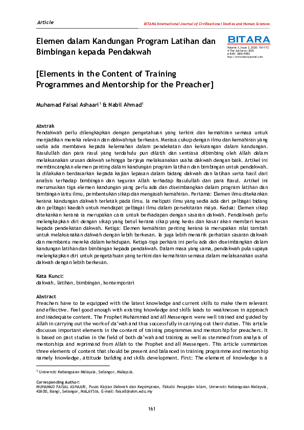 (PDF) Elemen dalam Kandungan Program Latihan dan Bimbingan kepada Pendakwah [Elements in the ...