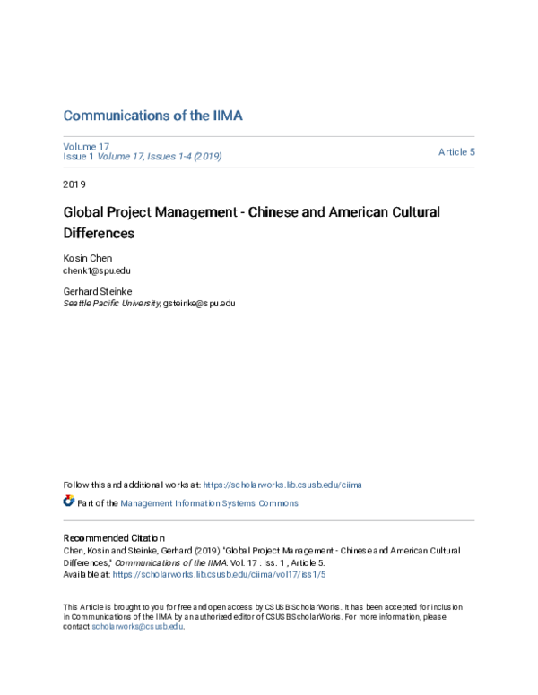 (PDF) Global Project Management - Chinese and American Cultural ...